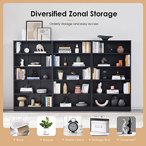 STARY 5 Shelf Bookcase Black Tall Bookshelf for Bedroom 5 Tier Modern Wood Bookshelf 33" Wide 60" Tall