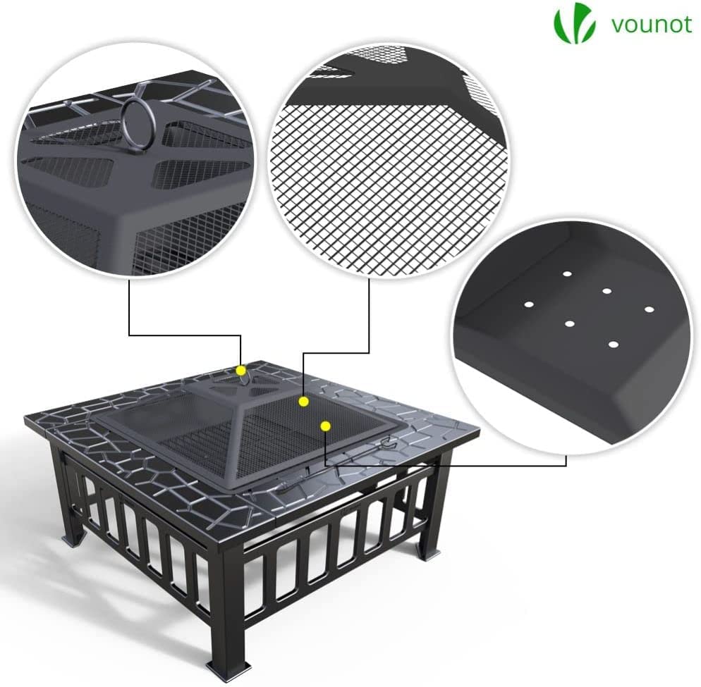 VOUNOT 3 in 1 Metal Square Firepit 32 inch Heavy Duty Fire Pit Table Outside Wood Burning Fire Pits with Spark Screen Lit and Rain Cover for Camping Garden Patio, Black