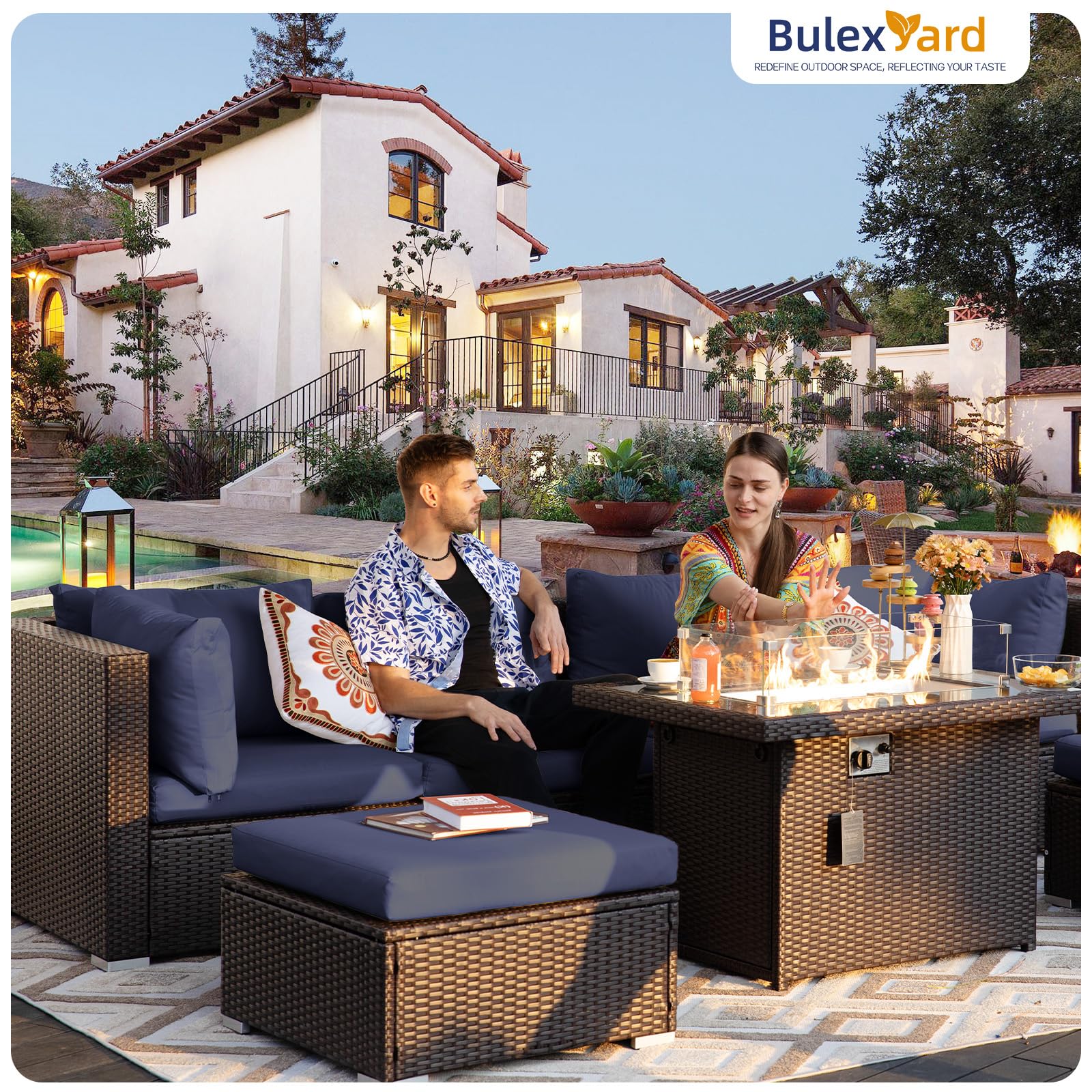 BULEXYARD High Back Brown PE Rattan Outdoor Patio Furniture Set with Propane Fire Pit Table, Large Wicker Outside Sectional Furniture Sofa Conversation Sets for Backyard(Navy Blue, 9Pcs)