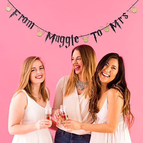 From Muggle To Mrs banner-Harry Potter Theme Bachelor Party Supplies,Bridal Shower Bachelor Decorations, Black Glitter Wizard Garland, Bachelor Girl Photo Props