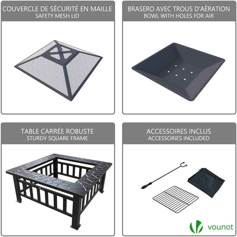VOUNOT 3 in 1 Metal Square Firepit 32 inch Heavy Duty Fire Pit Table Outside Wood Burning Fire Pits with Spark Screen Lit and Rain Cover for Camping Garden Patio, Black