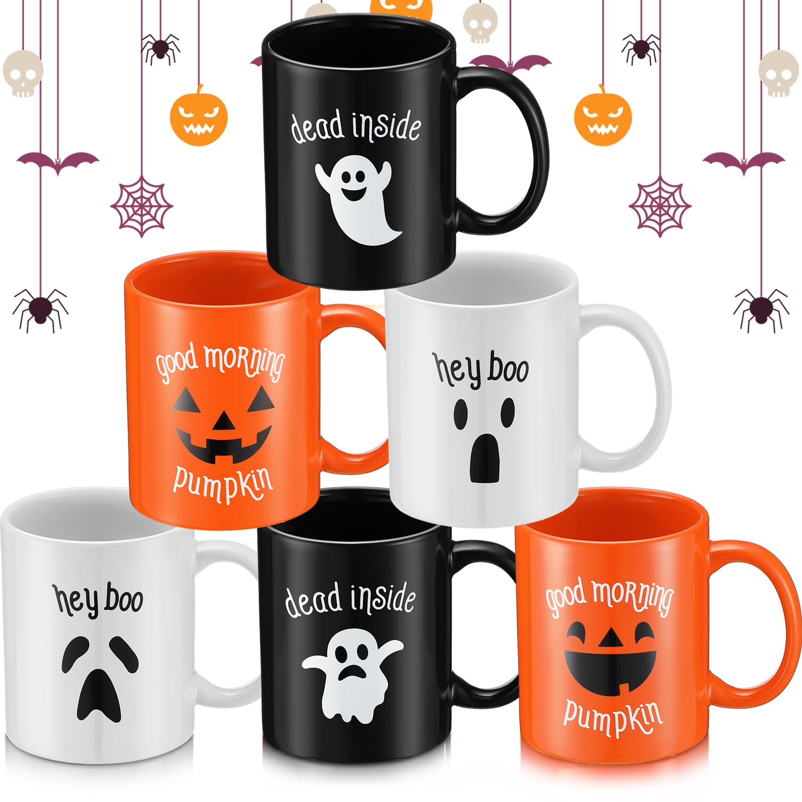 Uiifan 6 Pcs Halloween Mugs 10.8oz Good Morning Pumpkin and Hey Boo Coffee Mugs Good Morning Pumpkin and Hey Boo Ghost Ceramic Matching Mugs for Halloween