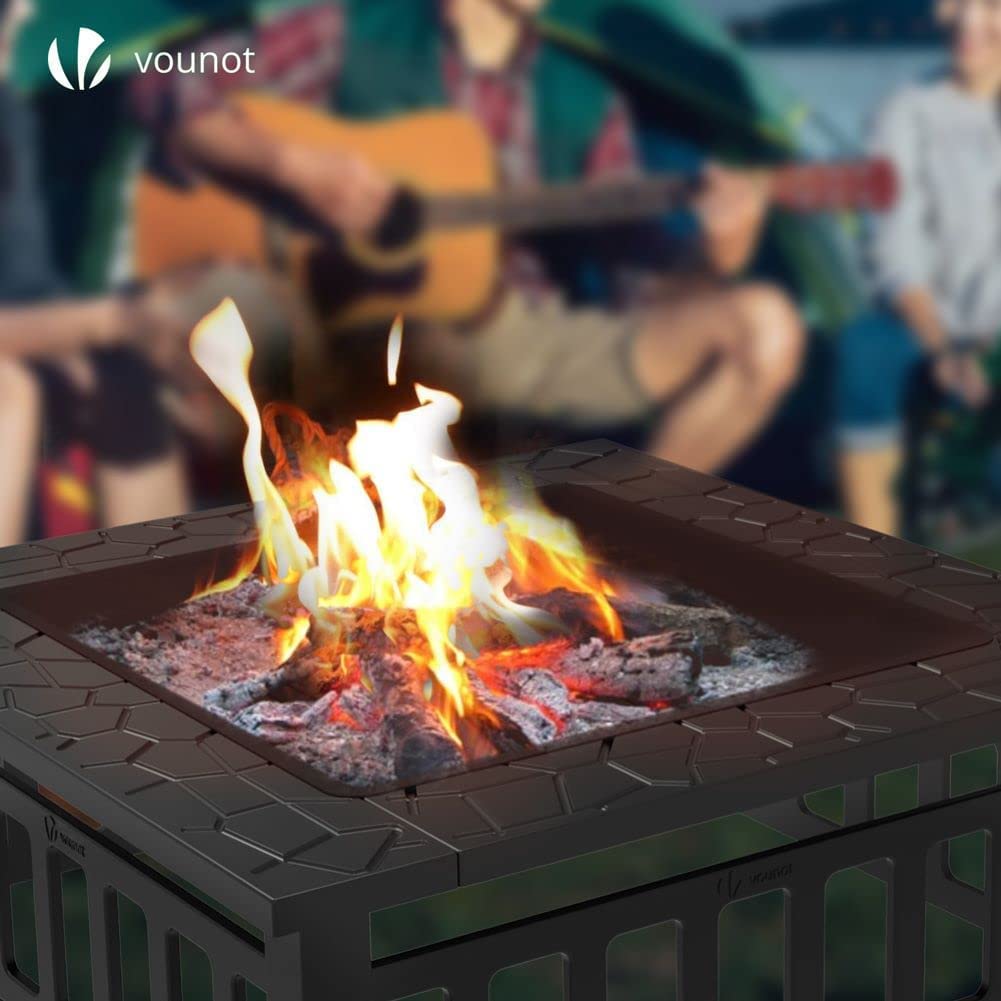 VOUNOT 3 in 1 Metal Square Firepit 32 inch Heavy Duty Fire Pit Table Outside Wood Burning Fire Pits with Spark Screen Lit and Rain Cover for Camping Garden Patio, Black