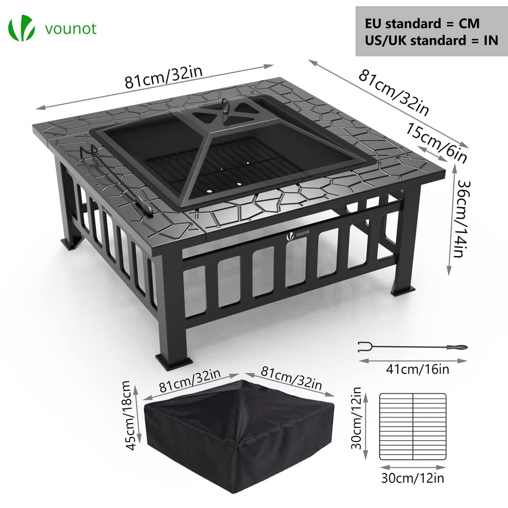 VOUNOT 3 in 1 Metal Square Firepit 32 inch Heavy Duty Fire Pit Table Outside Wood Burning Fire Pits with Spark Screen Lit and Rain Cover for Camping Garden Patio, Black