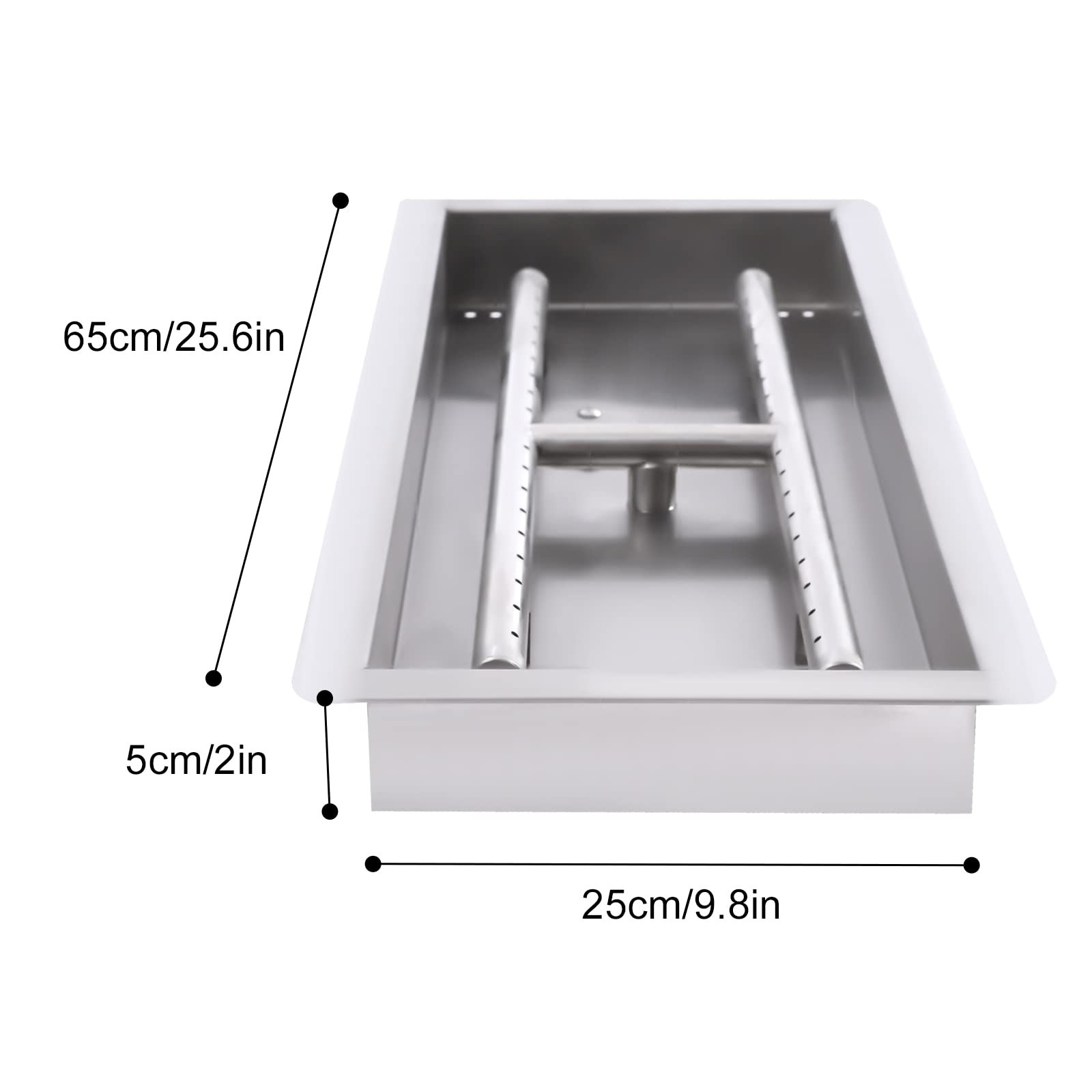 Rectangular Drop-in Fire Pit Pan Stainless Steel Built-in Fire Pit Burner Fire Table Insert Natural Gas H-Shape Burner for Indoor Outdoor Picnics,1/2'' NPT,90000 BTU(25.6 * 9.8 * 2in)