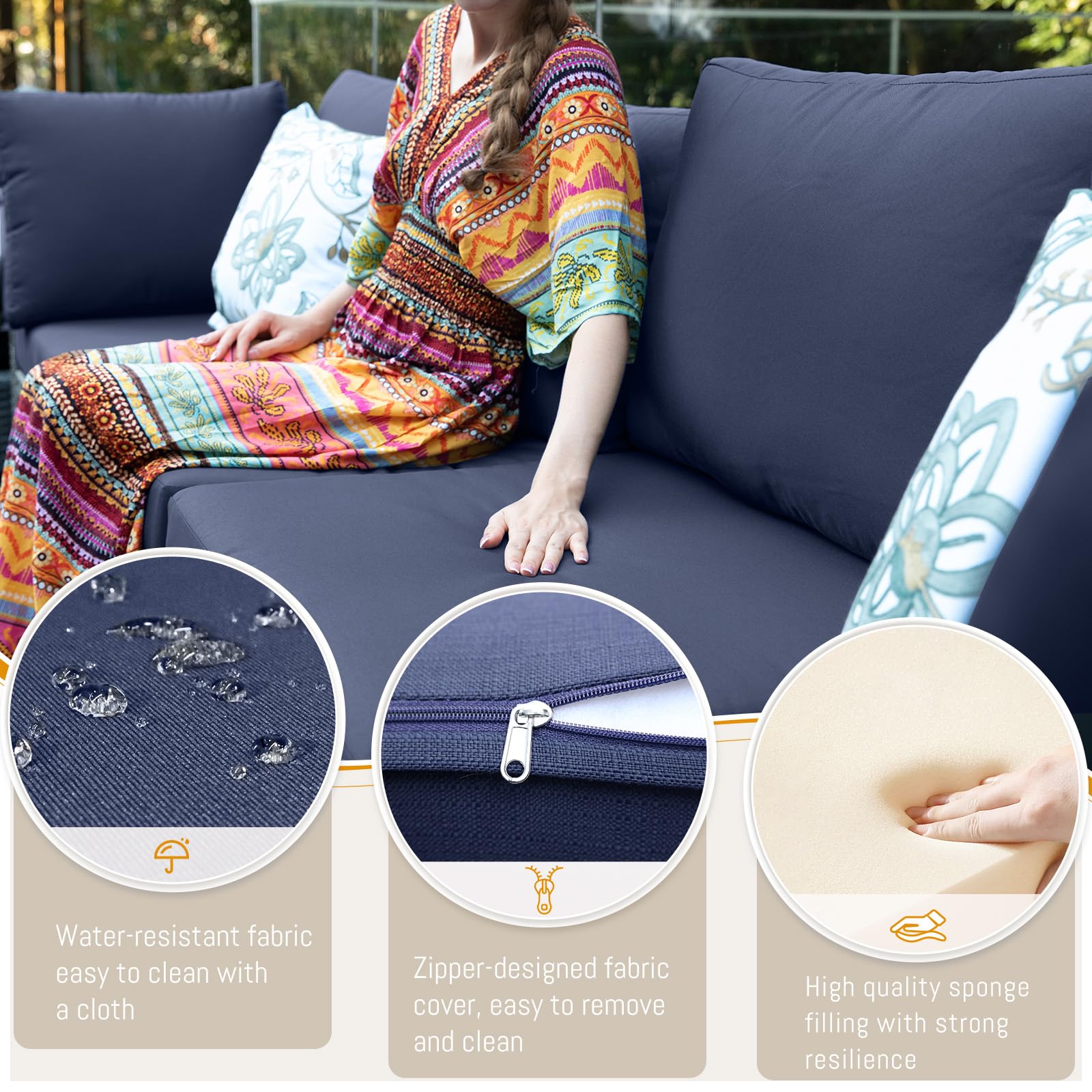 BULEXYARD High Back Brown PE Rattan Outdoor Patio Furniture Set with Propane Fire Pit Table, Large Wicker Outside Sectional Furniture Sofa Conversation Sets for Backyard(Navy Blue, 9Pcs)