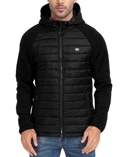 MoFiz Mens Insulated Hiking Jacket Coat Thermal Hybrid Running Jacket Lightweight Puffy Winter Hooded Golf Jackets Long Sleeve Windbreak Sportswear Black Small