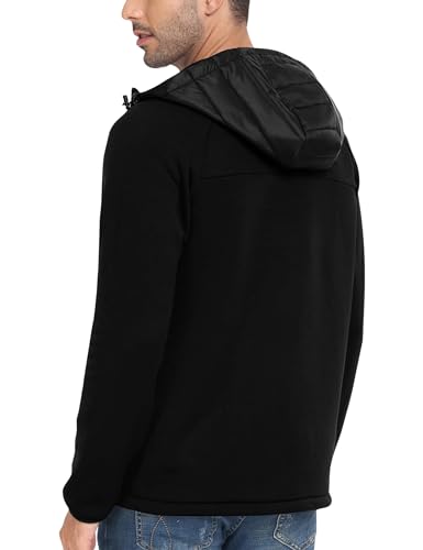 MoFiz Mens Insulated Hiking Jacket Coat Thermal Hybrid Running Jacket Lightweight Puffy Winter Hooded Golf Jackets Long Sleeve Windbreak Sportswear Black Small
