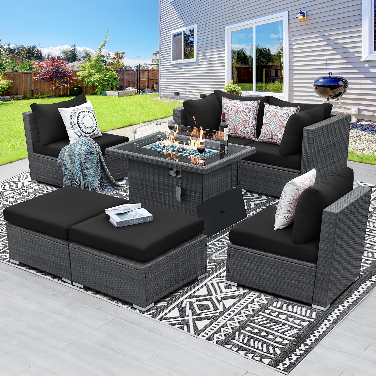 BULEXYARD Large High Back Grey Rattan Patio Furniture Set with Propane/Gas Fire Pit Table, Luxury Deep Wide Seat Outdoor Sectional Sofa, Modern Wicker Modular Conversation Couch (7Pcs, Black)
