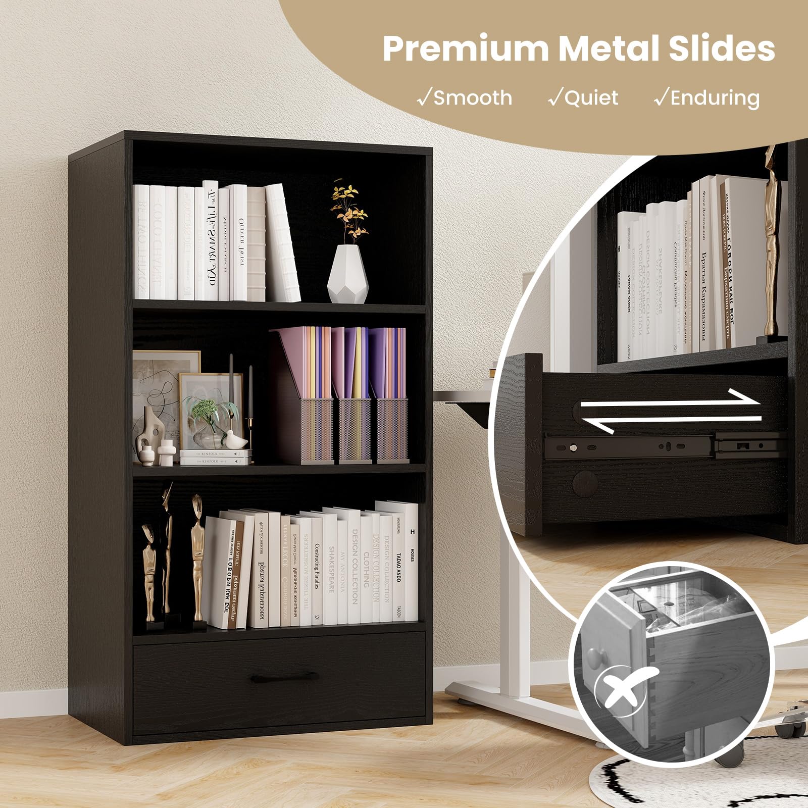 LOKO 4-Tier Bookcase with Storage Drawer, Modern Organizer Display Storage Shelves with Anti-toppling Device, Freestanding Bookshelf with 3 Open Shelves & 1 Drawer, Living Room, Study, Office (Black)