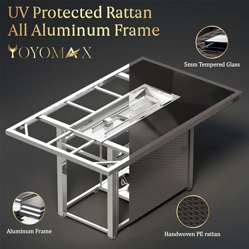Yoyomax 44-Inch Black Glass Top Firepit Table 60,000 BTU Flame, Hand Weave Rattan, Aluminum Frame, Wind Guard, Waterproof Cover & Fire Beads, Outdoor Fire Table for Patio, Garden, Resto Hotel