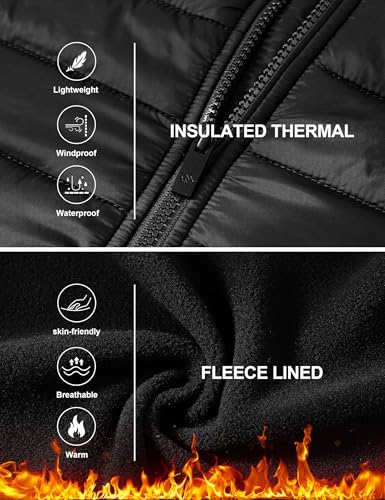 MoFiz Mens Insulated Hiking Jacket Coat Thermal Hybrid Running Jacket Lightweight Puffy Winter Hooded Golf Jackets Long Sleeve Windbreak Sportswear Black Small