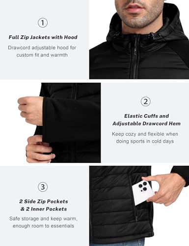 MoFiz Mens Insulated Hiking Jacket Coat Thermal Hybrid Running Jacket Lightweight Puffy Winter Hooded Golf Jackets Long Sleeve Windbreak Sportswear Black Small