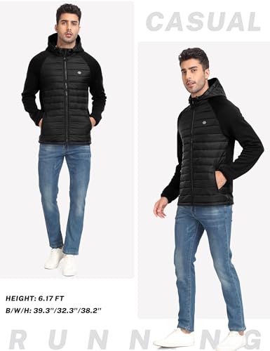 MoFiz Mens Insulated Hiking Jacket Coat Thermal Hybrid Running Jacket Lightweight Puffy Winter Hooded Golf Jackets Long Sleeve Windbreak Sportswear Black Small