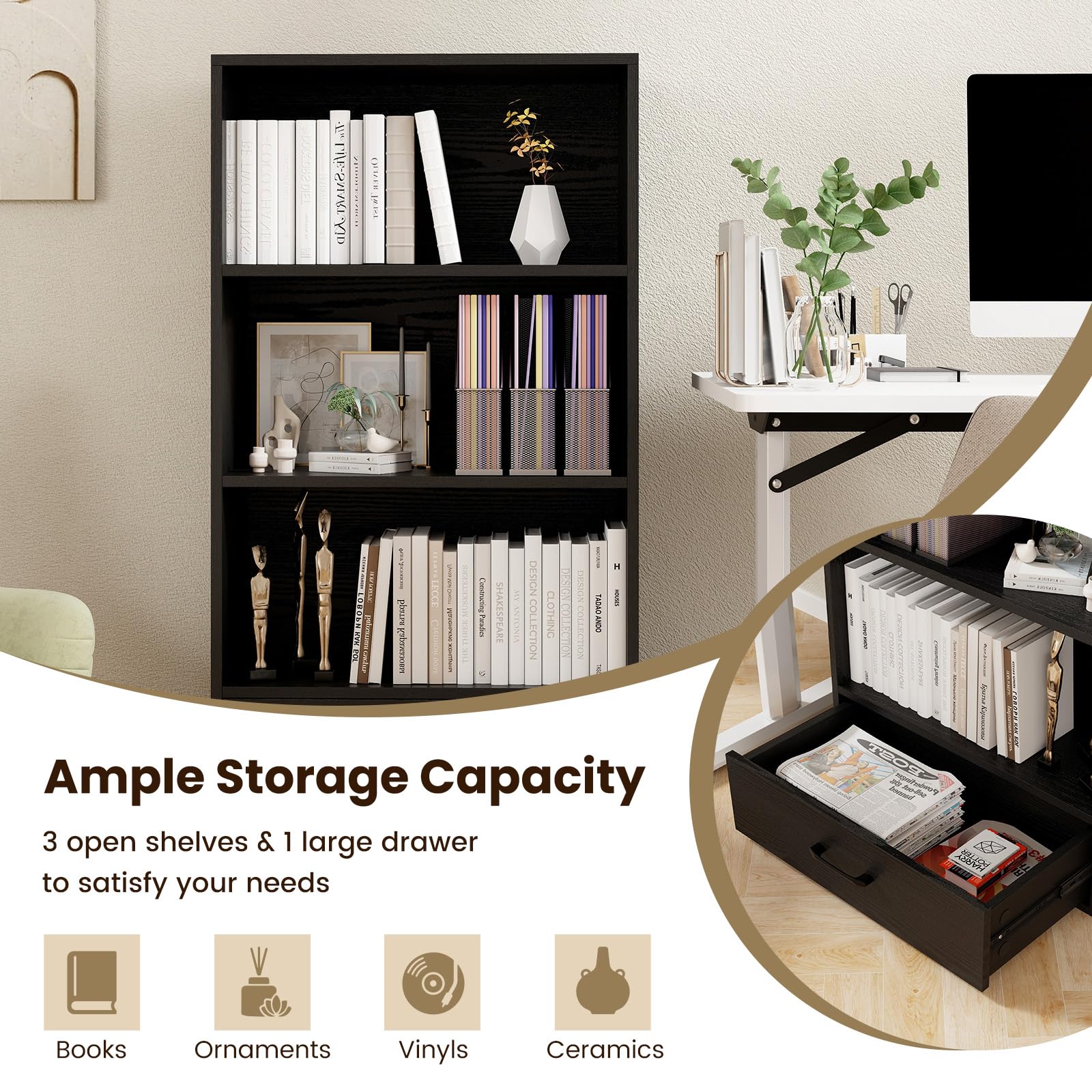 LOKO 4-Tier Bookcase with Storage Drawer, Modern Organizer Display Storage Shelves with Anti-toppling Device, Freestanding Bookshelf with 3 Open Shelves & 1 Drawer, Living Room, Study, Office (Black)