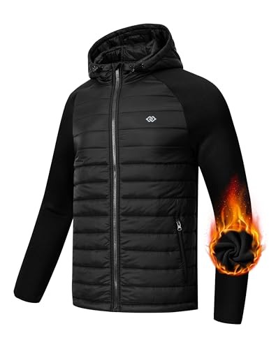 MoFiz Mens Insulated Hiking Jacket Coat Thermal Hybrid Running Jacket Lightweight Puffy Winter Hooded Golf Jackets Long Sleeve Windbreak Sportswear Black Small
