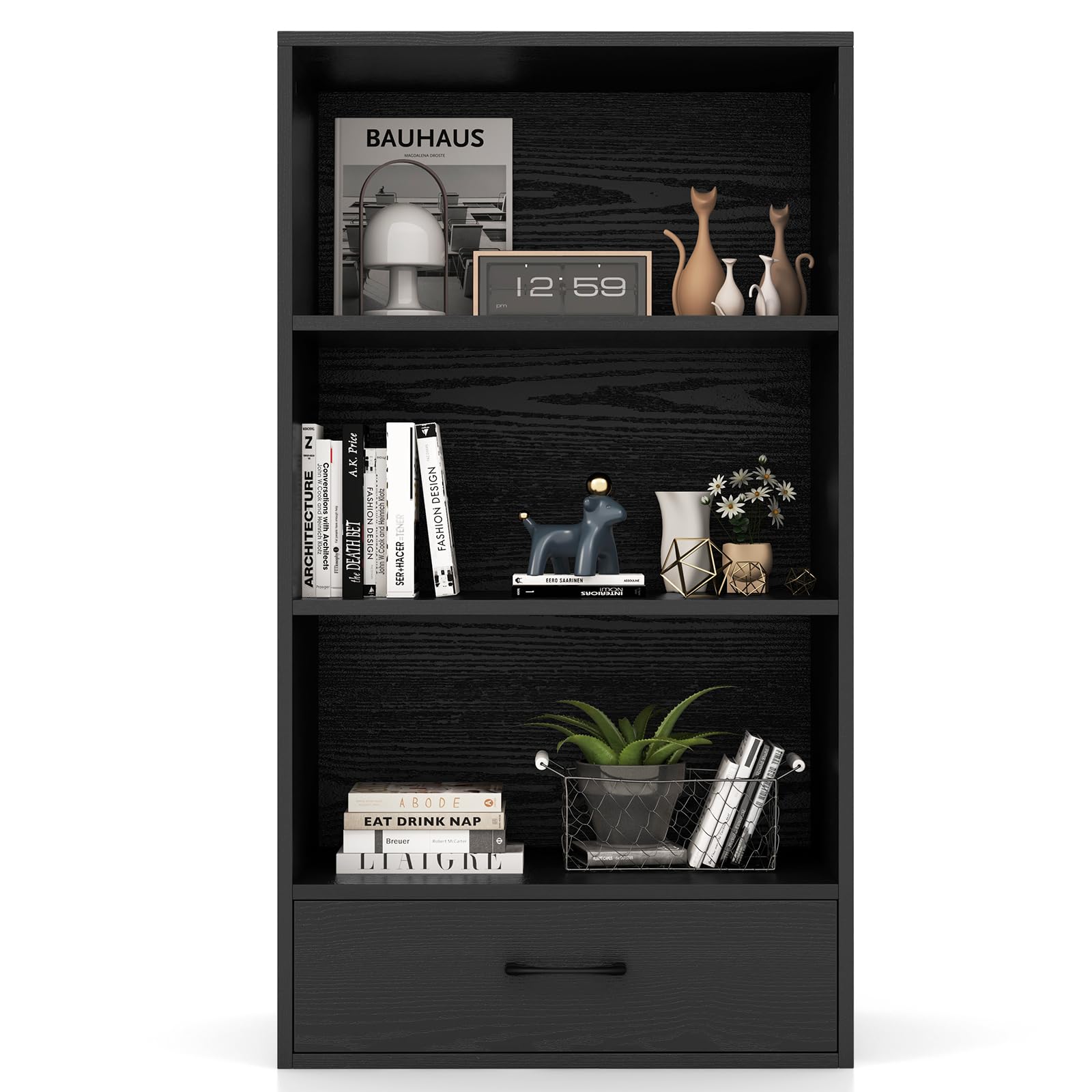 LOKO 4-Tier Bookcase with Storage Drawer, Modern Organizer Display Storage Shelves with Anti-toppling Device, Freestanding Bookshelf with 3 Open Shelves & 1 Drawer, Living Room, Study, Office (Black)