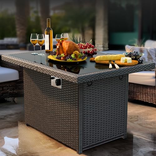 Yoyomax 44-Inch Black Glass Top Firepit Table 60,000 BTU Flame, Hand Weave Rattan, Aluminum Frame, Wind Guard, Waterproof Cover & Fire Beads, Outdoor Fire Table for Patio, Garden, Resto Hotel