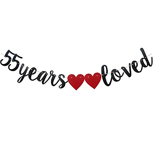 55 Years Loved Banner,Pre-Strung, Black Paper Glitter Party Decorations For 55TH Birthday Decorations 55TH Wedding Anniversary Day Party Supplies Letters Black ZHAOFEIHN
