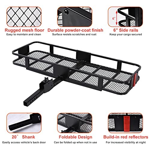 Basket Trailer Hitch Cargo Carrier 60"x 21" Folding Trailer Hitch Luggage Rack with Cargo Bag and Net, 550 LBS Capacity Vehicle Cargo Carriers Hitch Mount Fit 2" Receiver for SUV, Truck, Car