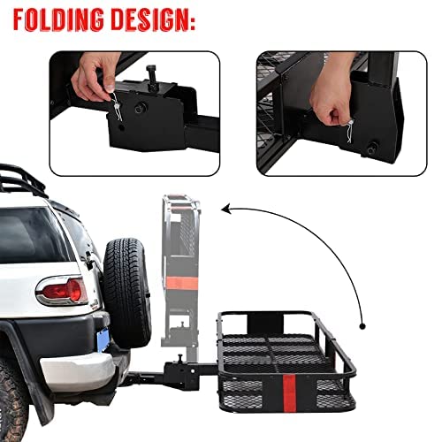 Basket Trailer Hitch Cargo Carrier 60"x 21" Folding Trailer Hitch Luggage Rack with Cargo Bag and Net, 550 LBS Capacity Vehicle Cargo Carriers Hitch Mount Fit 2" Receiver for SUV, Truck, Car