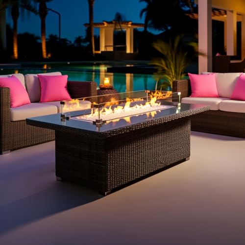 Yoyomax 44-Inch Black Glass Top Firepit Table 60,000 BTU Flame, Hand Weave Rattan, Aluminum Frame, Wind Guard, Waterproof Cover & Fire Beads, Outdoor Fire Table for Patio, Garden, Resto Hotel