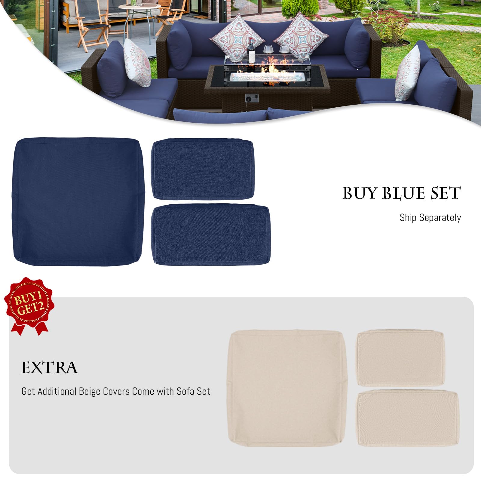 BULEXYARD High Back Brown PE Rattan Outdoor Patio Furniture Set with Propane Fire Pit Table, Large Wicker Outside Sectional Furniture Sofa Conversation Sets for Backyard(Navy Blue, 9Pcs)