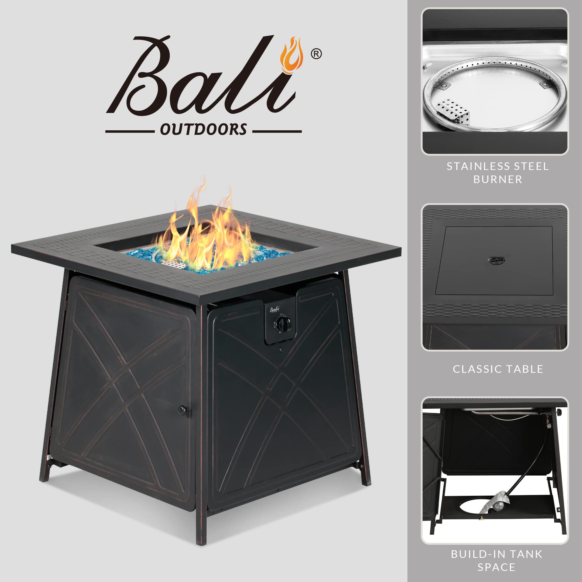 BALI OUTDOORS Gas Firepit Gas Fireplace, 50,000BTU Propane Fire Pit Table 28" Square Gas Fire Pits for Outside Propane, Black