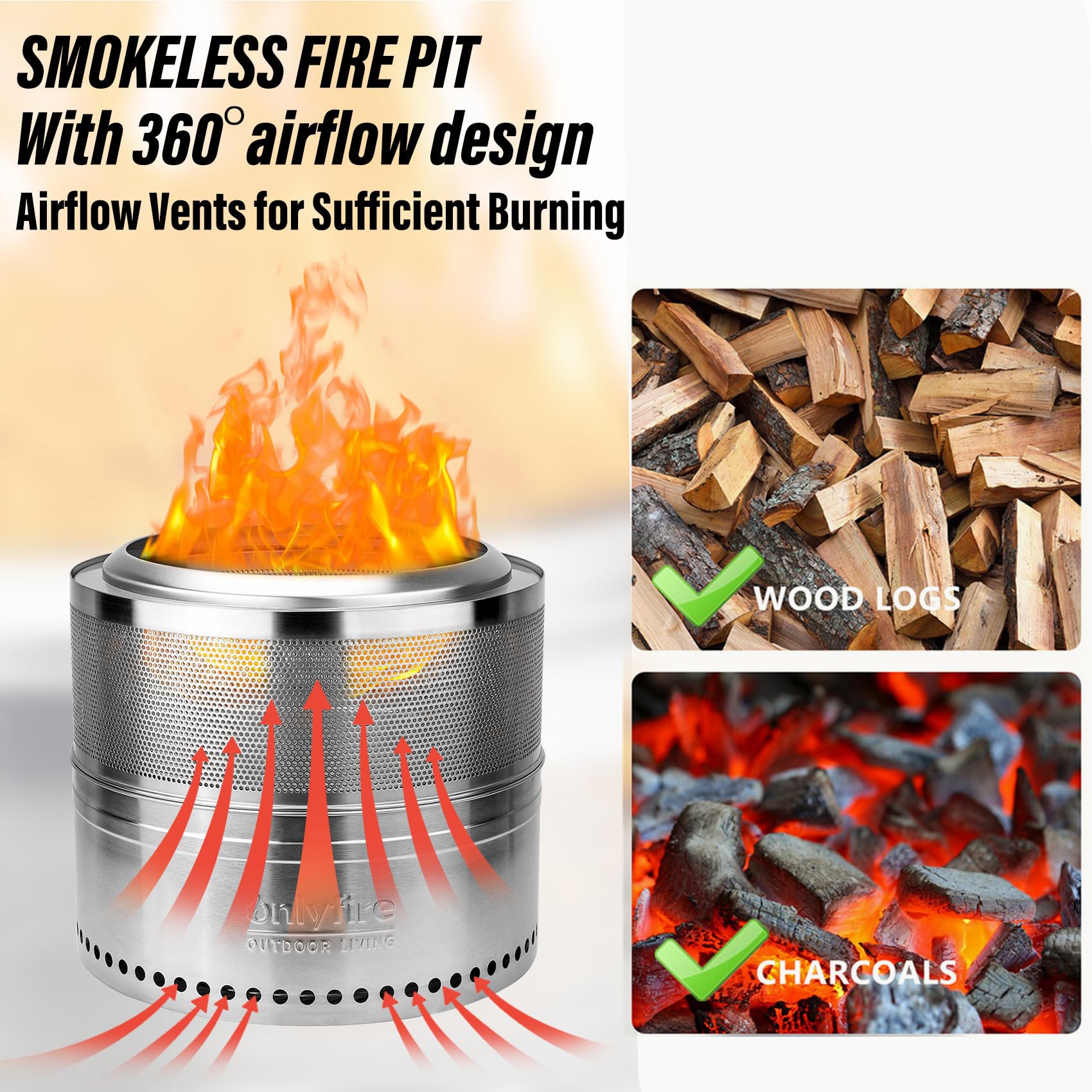 Onlyfire Wood Burning Fire Pit with Carrying Bag, 20” Detachable Portable Outdoor Firepit for Camping Tailgating Patio Backyard Bonfire Party, Perforated Smokeless Fireplace, Stainless Steel FP037