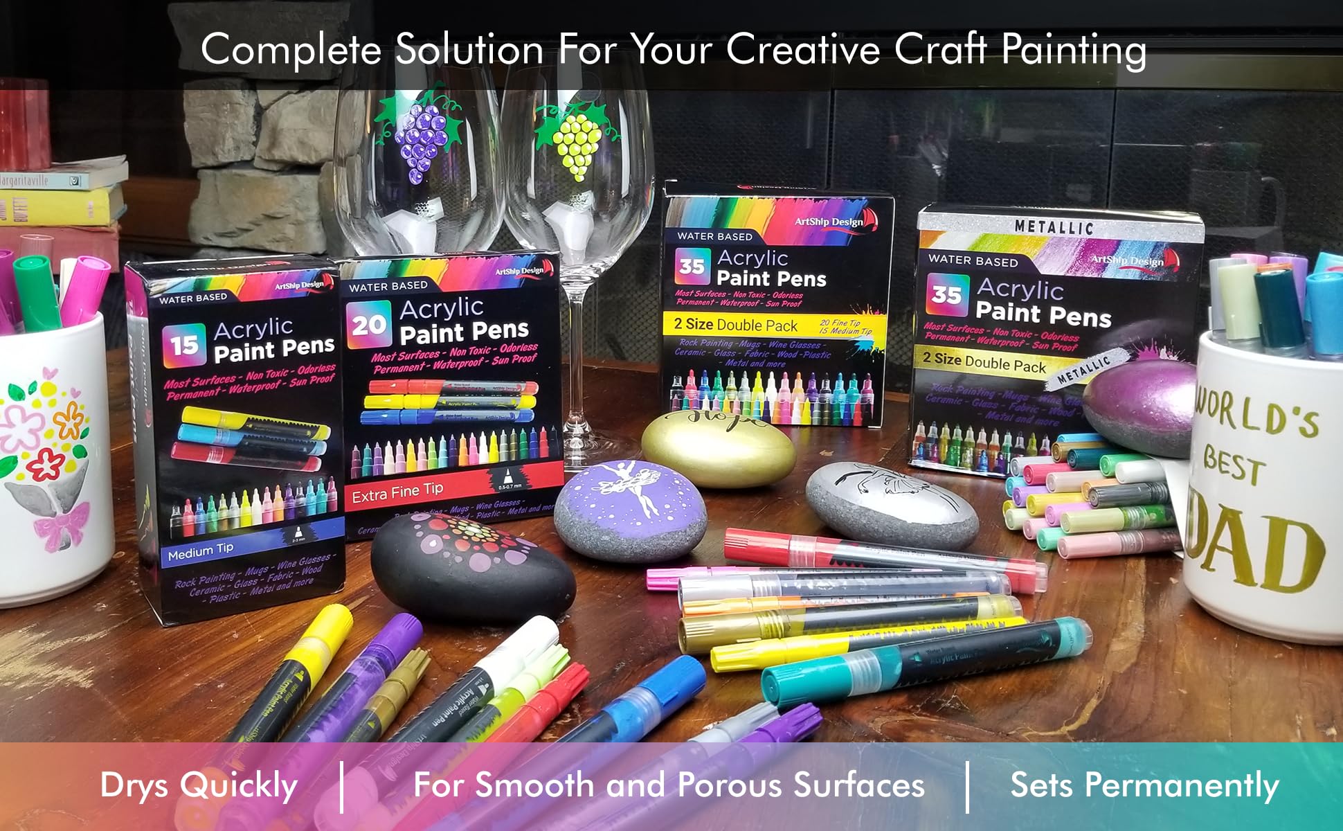 ArtShip Design 35 Premium Acrylic Paint Pens, Double Pack of Both Extra Fine and Medium Tip, for Rock Painting, Mug, Ceramic, Glass, and Fabric Painting, Water Based Non-Toxic and No Odor