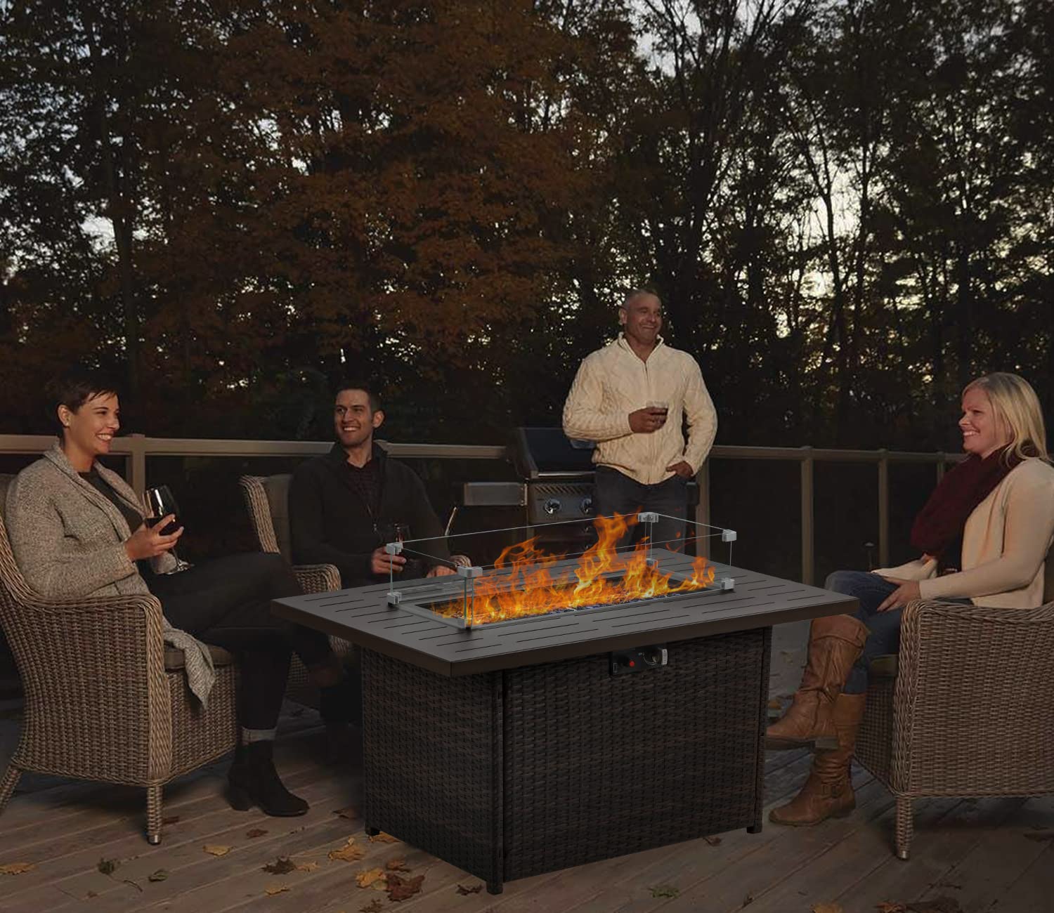 Vakollia Propane Fire Pit Table,44 Inch 55000 BTU Outdoor Gas Fire Pit Rectangular with Glass Wind Guard for Outside Patio Deck (Brown-Aluminum Top)