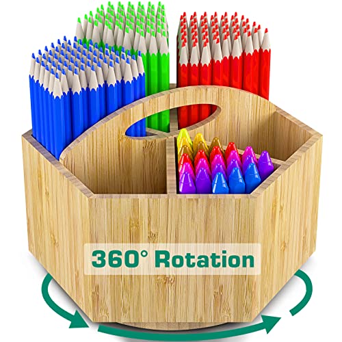 Bamboo 360° Colored Pen Pencil Holder Organizer - Darfoo Spinning Art Supply Organizer for Desk with 6 Large Compartment and Easy-carry Handle, Desk Organizer for Office Supplies, Home and School