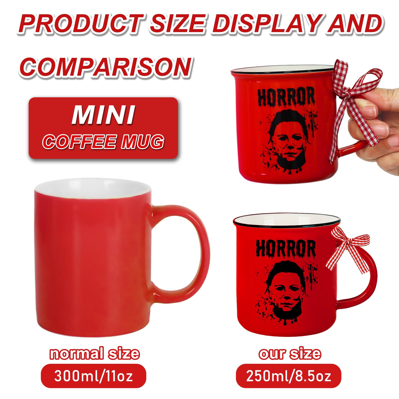 Whaline 4Pcs Halloween Mini Mugs with Plaid Ribbon Horror Movie Character Mini Coffee Mug Halloween Party Cups for Table Centerpieces Tiered Tray Decor Gifts