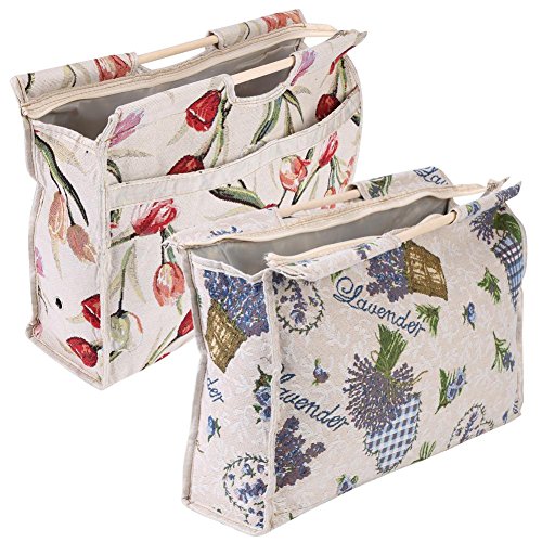 Knitting Bag, Yarn Bag Crochet Storage Exquisite Practical Wood Handle Woven Fabric Storage Collapsible Bag for Knitting Needles Sewing Tools(Blue)