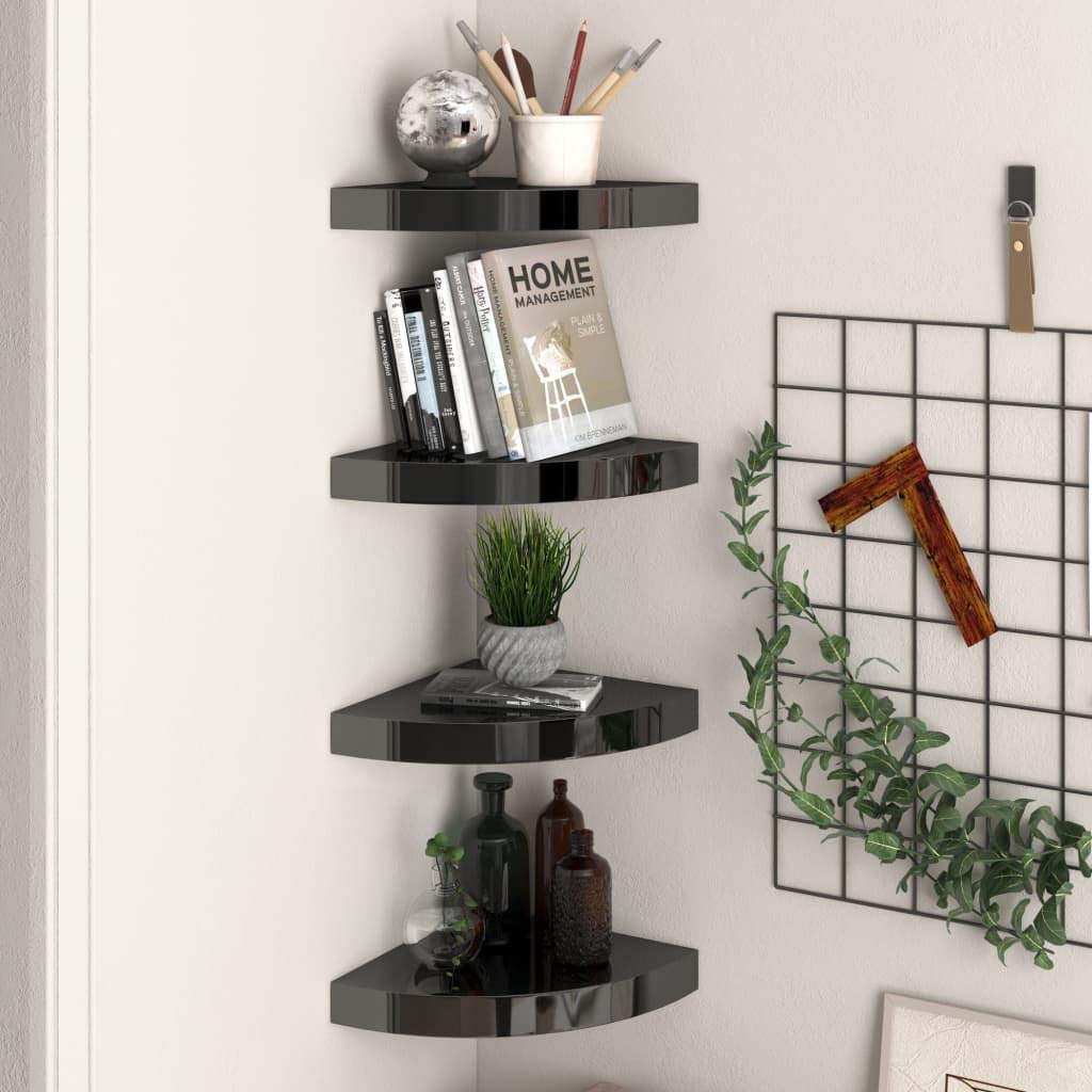 DYRJDJWIDHW Floating Corner Shelves 4 pcs Bookshelf for Bedroom,Shelves,Wood Bookcase,Suitable for Bedroom, Office, Living Room, Study,High Gloss Black 9.8"x9.8"x1.5" MDF