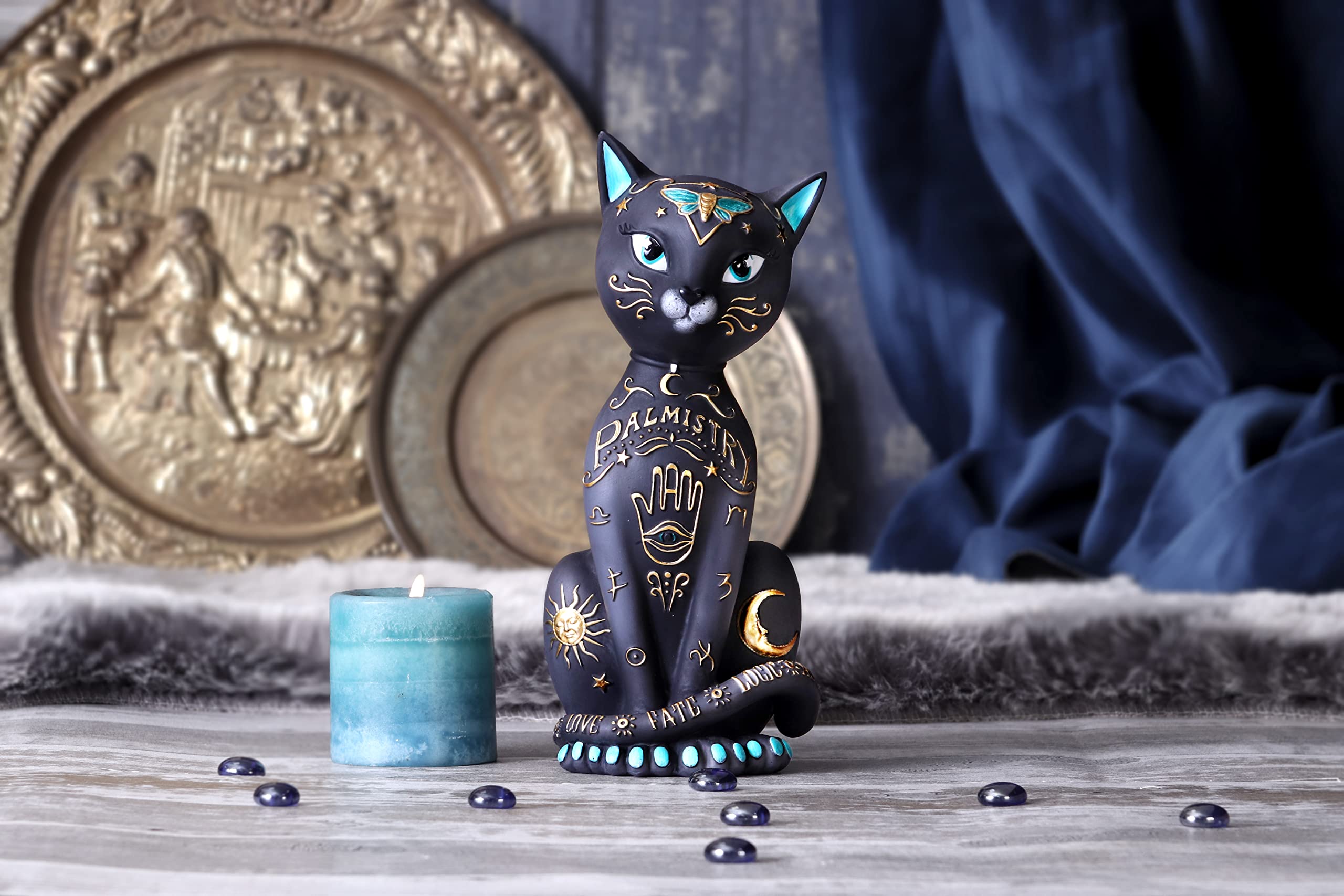 Nemesis Now Fortune Kitty Figurine 27cm, Resin, Black, Palmistry Cat Figurine, Fortune-Teller Black Kitty, Spiritual Gift, Cast in The Finest Resin, Expertly Hand-Painted