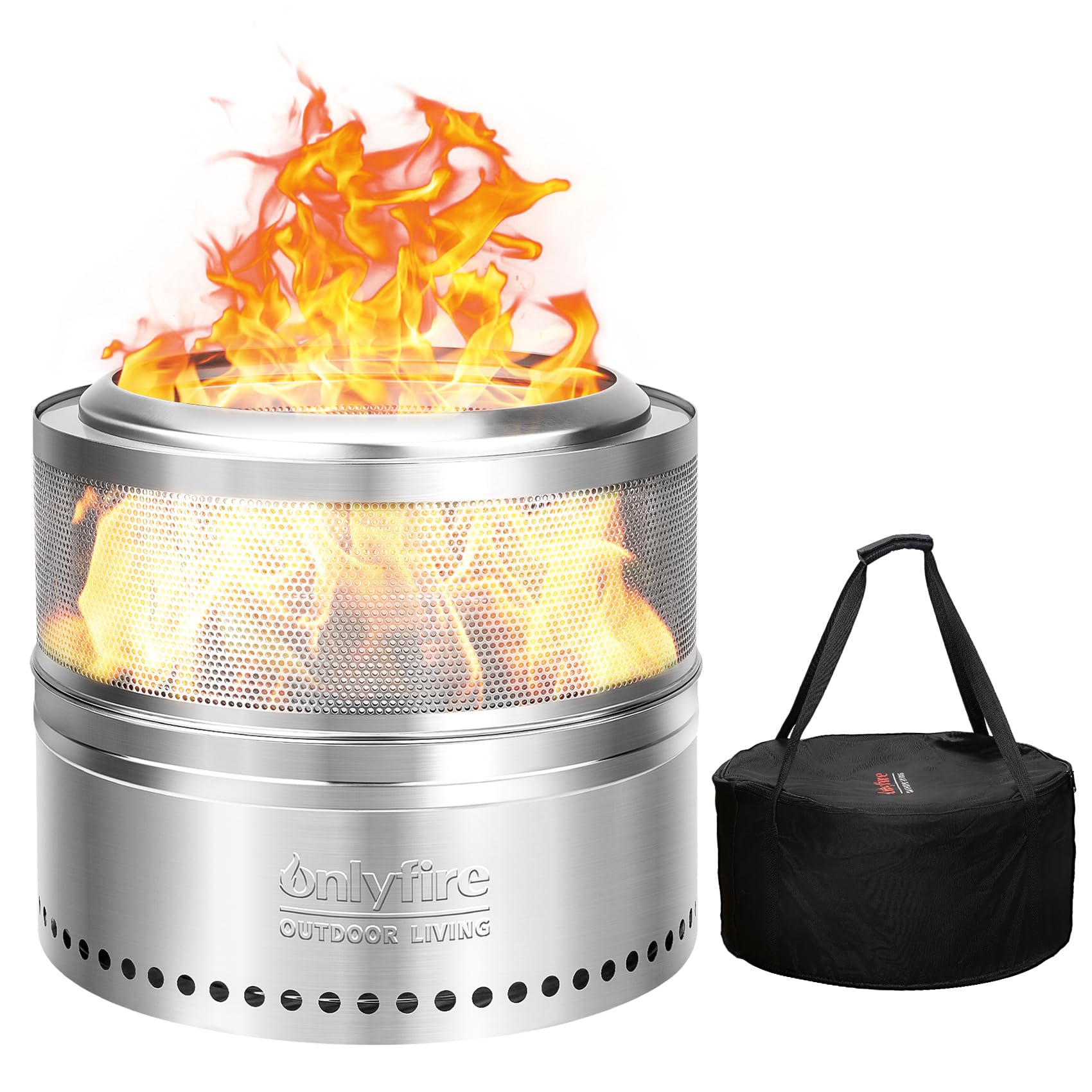 Onlyfire Wood Burning Fire Pit with Carrying Bag, 20” Detachable Portable Outdoor Firepit for Camping Tailgating Patio Backyard Bonfire Party, Perforated Smokeless Fireplace, Stainless Steel FP037