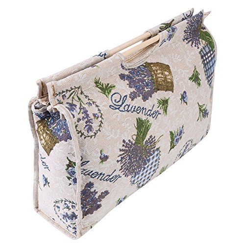 Knitting Bag, Yarn Bag Crochet Storage Exquisite Practical Wood Handle Woven Fabric Storage Collapsible Bag for Knitting Needles Sewing Tools(Blue)