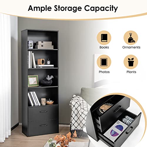 JIMUOO 74’’ Tall Bookshelf with Drawers, 4 Shelf Bookcase with Storage Cabinet, 4 Tier Wooden Book Display Shelf Storage Organizer for Bedroom Office Home Living Room