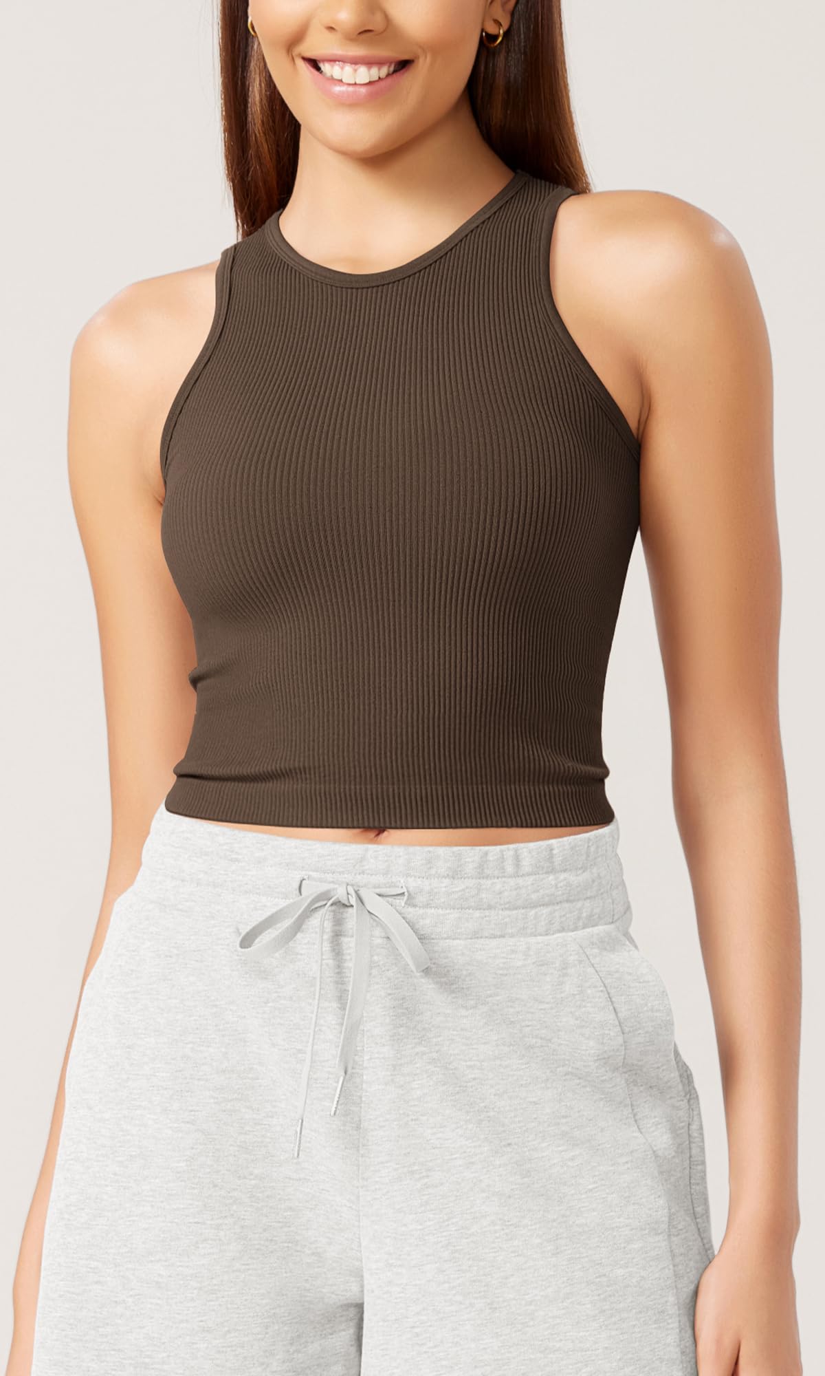 ODODOS 3-Pack Seamless Tank for Women Rib-knit Soft Sleeveless High Neck Tank Tops, Waist Length, Brunette+Clay+Mushroom, X-Small/Small