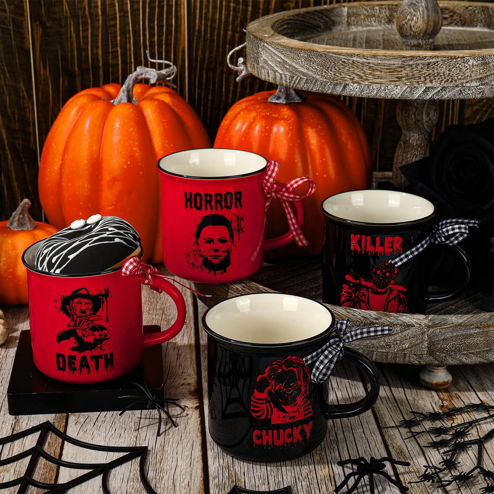 Whaline 4Pcs Halloween Mini Mugs with Plaid Ribbon Horror Movie Character Mini Coffee Mug Halloween Party Cups for Table Centerpieces Tiered Tray Decor Gifts