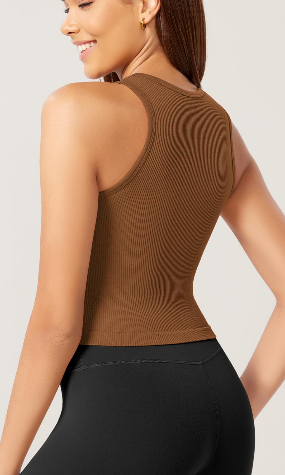 ODODOS 3-Pack Seamless Tank for Women Rib-knit Soft Sleeveless High Neck Tank Tops, Waist Length, Brunette+Clay+Mushroom, X-Small/Small