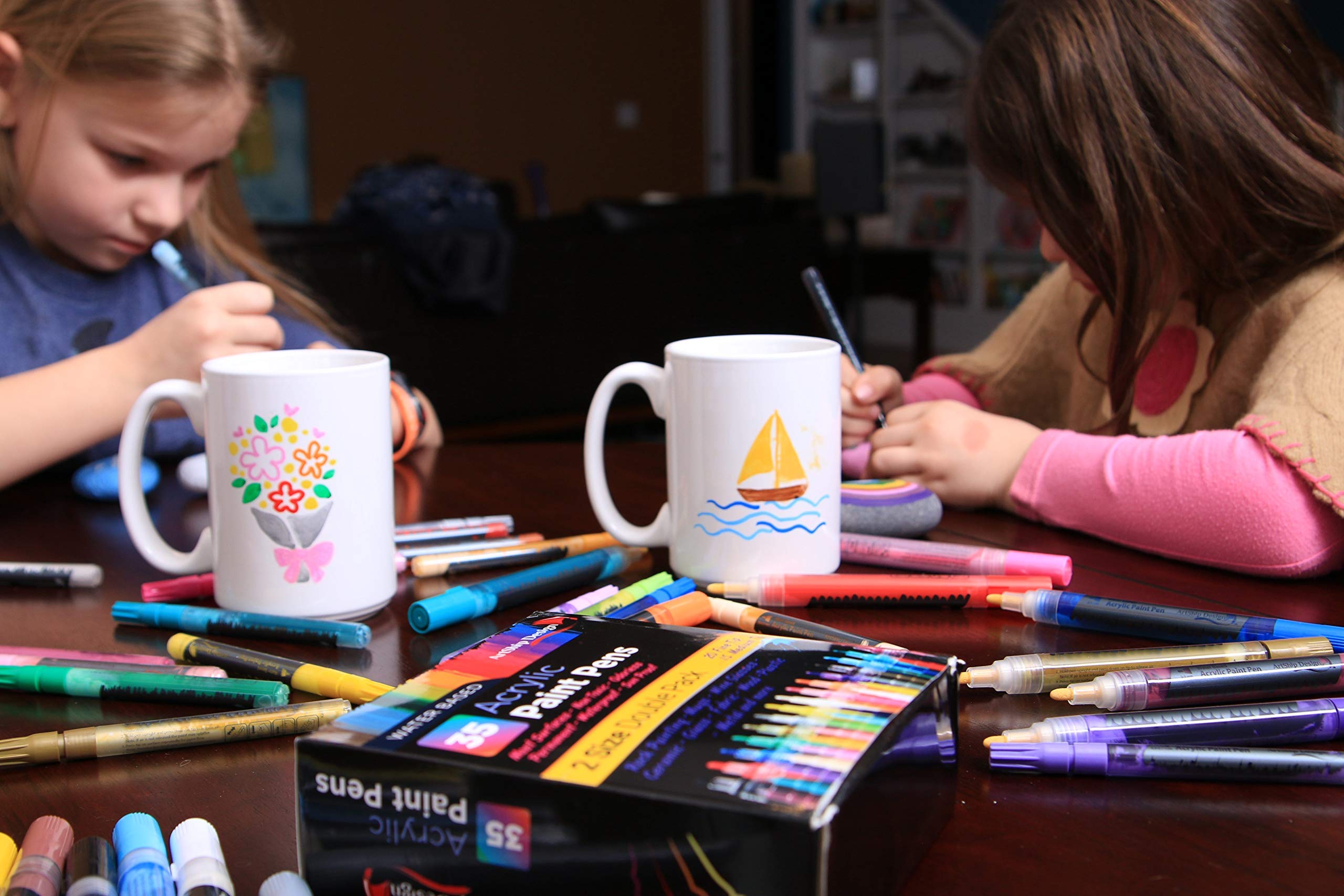 ArtShip Design 35 Premium Acrylic Paint Pens, Double Pack of Both Extra Fine and Medium Tip, for Rock Painting, Mug, Ceramic, Glass, and Fabric Painting, Water Based Non-Toxic and No Odor