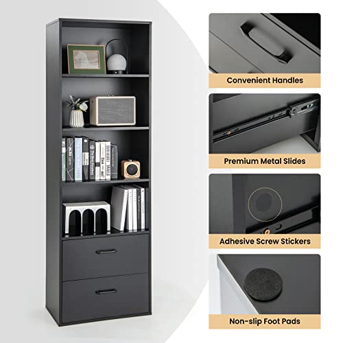 JIMUOO 74’’ Tall Bookshelf with Drawers, 4 Shelf Bookcase with Storage Cabinet, 4 Tier Wooden Book Display Shelf Storage Organizer for Bedroom Office Home Living Room