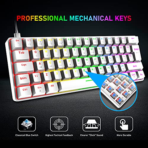 60% True Mechanical Gaming Keyboard Ultra-compact with 20 Rainbow Backlit Type C Wired Programmable 62 Keys Tactile Blue Switch Waterproof Non-Conflict and Gaming Mouse Pad for PC/Laptop/PS5(White)