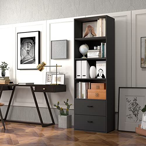 JIMUOO 74’’ Tall Bookshelf with Drawers, 4 Shelf Bookcase with Storage Cabinet, 4 Tier Wooden Book Display Shelf Storage Organizer for Bedroom Office Home Living Room