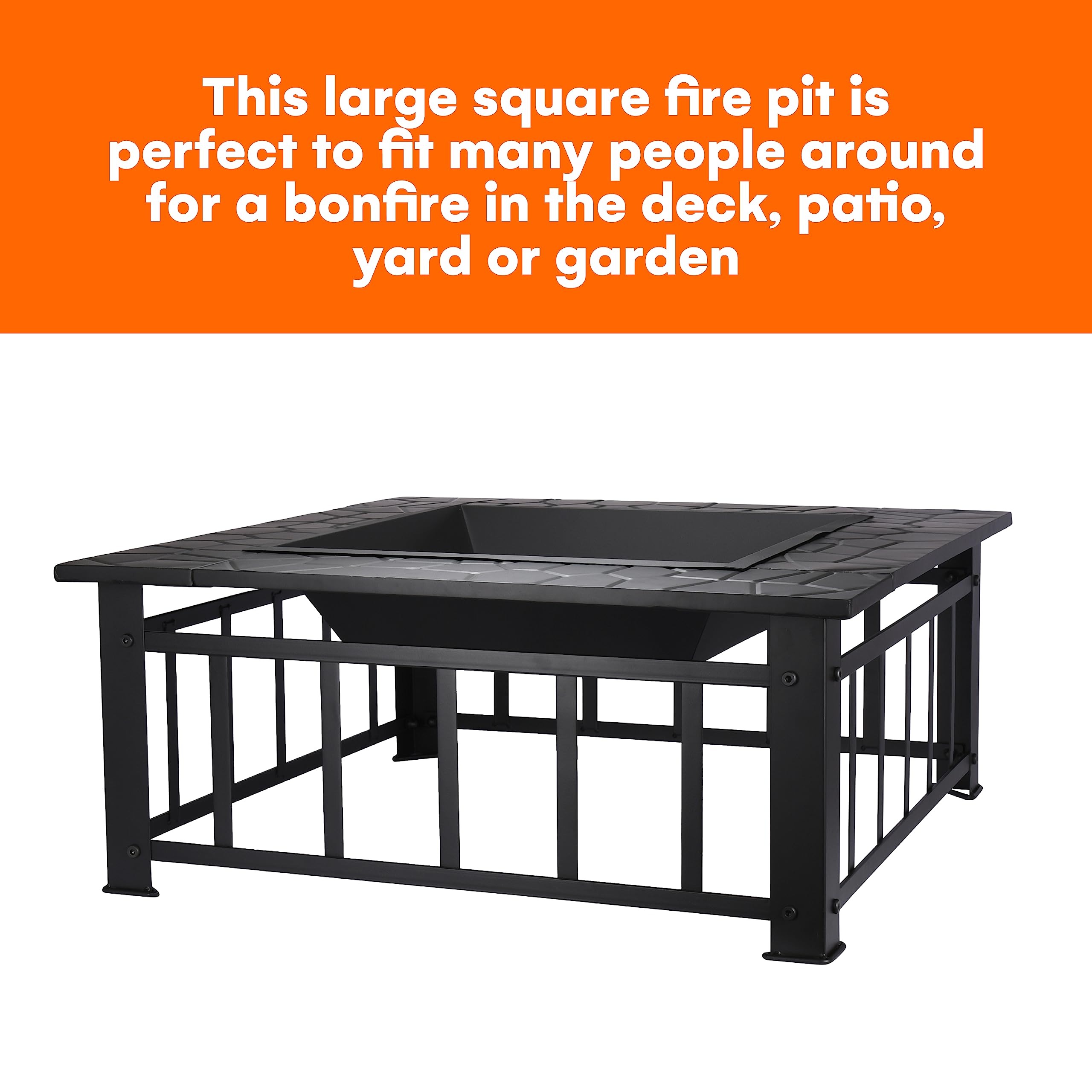 Zorestar 3 in 1 Metal Square Firepit (31.8"Dx31.8"Wx12.5"H-In) - Heavy-Duty & Portable BBQ Stove with Screen Cover & Poker - Wood Burning and Drink Cooling Fire Pit for Patio, Bonfire, Backyard, Deck