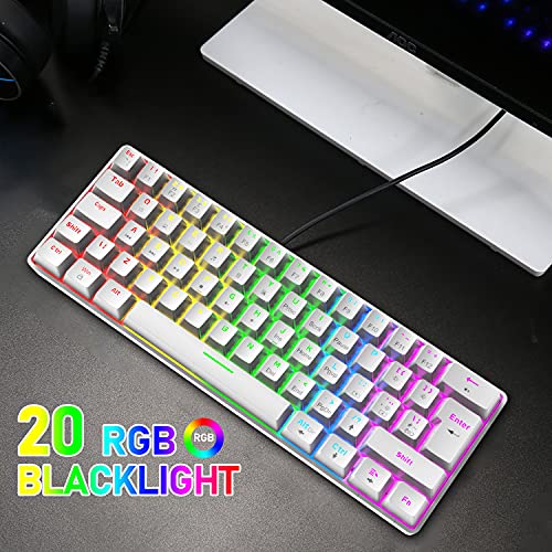 60% True Mechanical Gaming Keyboard Ultra-compact with 20 Rainbow Backlit Type C Wired Programmable 62 Keys Tactile Blue Switch Waterproof Non-Conflict and Gaming Mouse Pad for PC/Laptop/PS5(White)