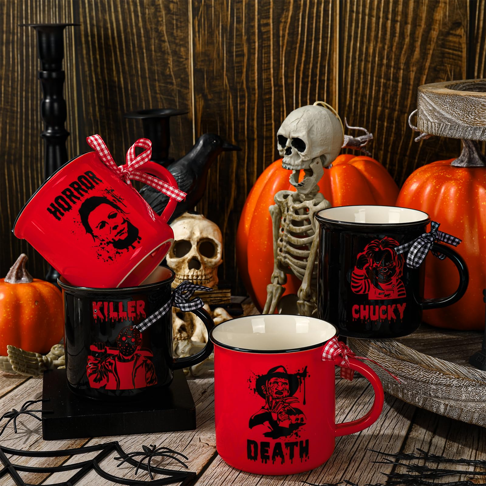 Whaline 4Pcs Halloween Mini Mugs with Plaid Ribbon Horror Movie Character Mini Coffee Mug Halloween Party Cups for Table Centerpieces Tiered Tray Decor Gifts