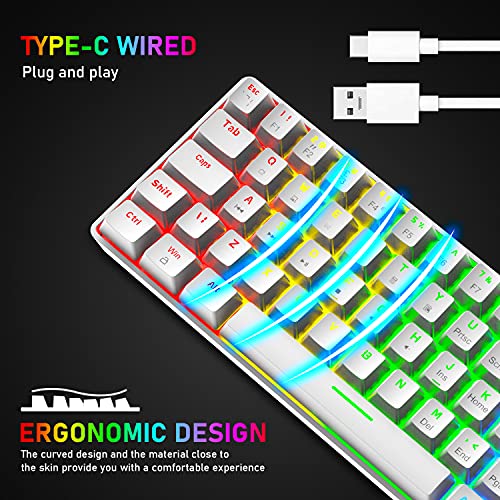 60% True Mechanical Gaming Keyboard Ultra-compact with 20 Rainbow Backlit Type C Wired Programmable 62 Keys Tactile Blue Switch Waterproof Non-Conflict and Gaming Mouse Pad for PC/Laptop/PS5(White)